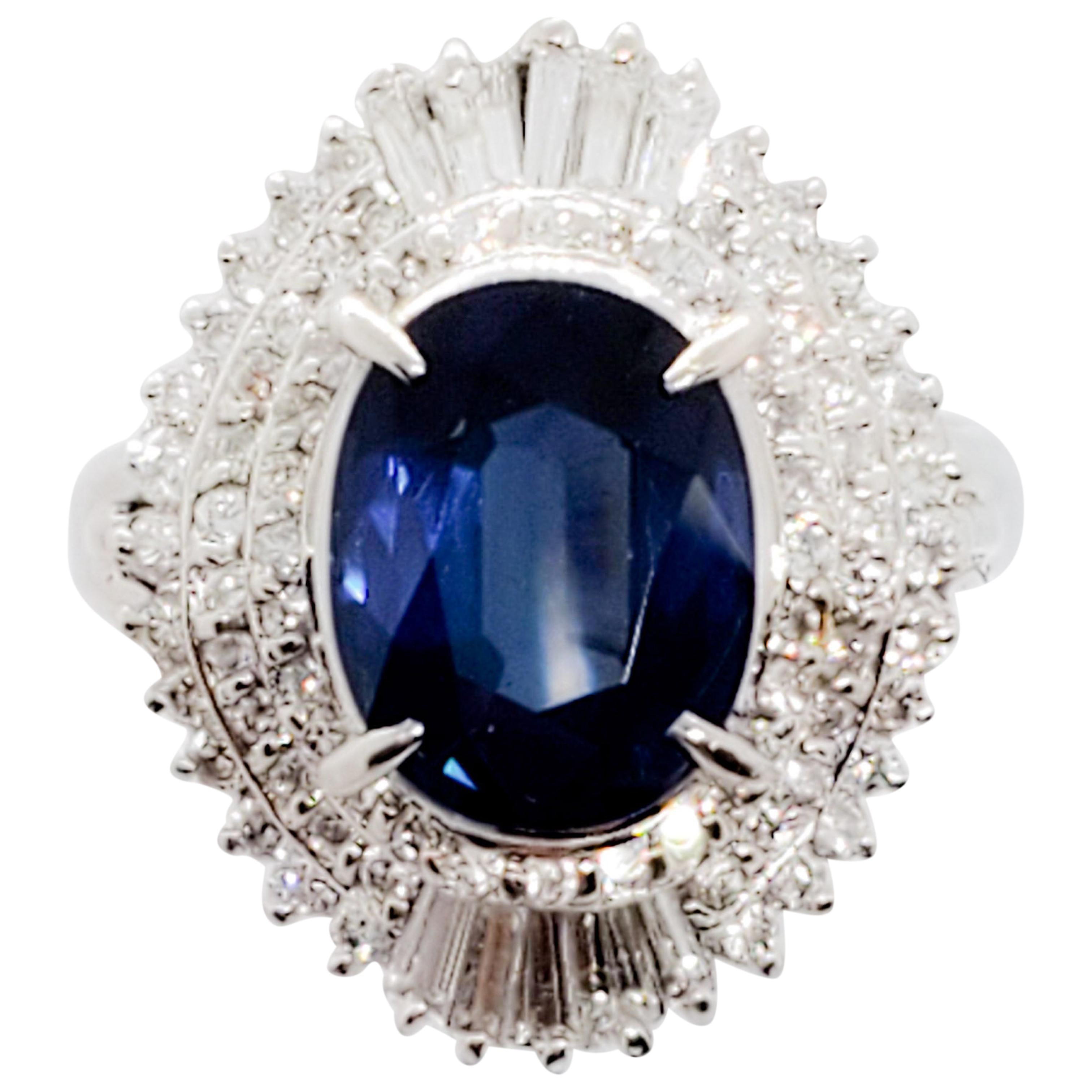 Blue Sapphire Oval Cocktail Ring with Round Rose-Cut Diamonds in ...