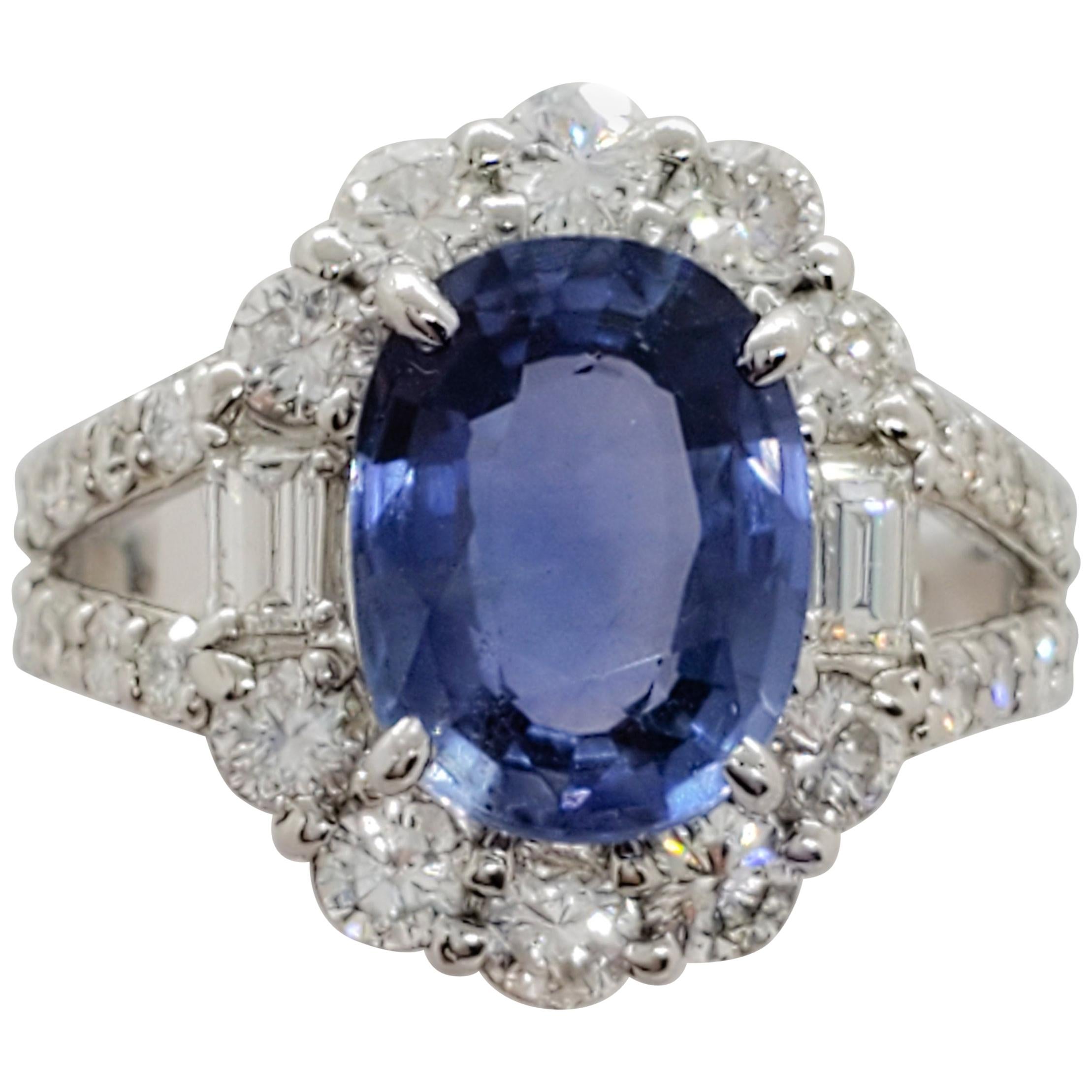 Blue Sapphire Oval and White Diamond Cocktail Ring in Platinum For Sale ...