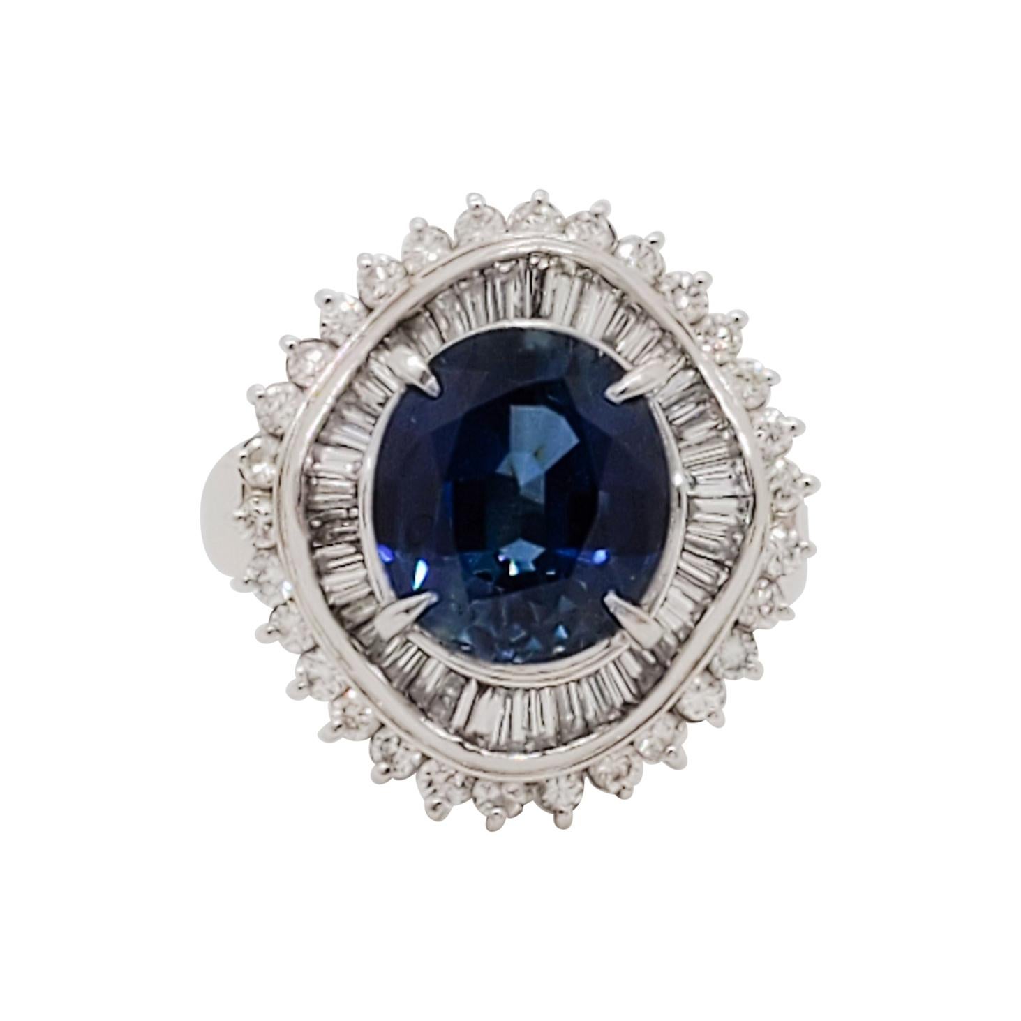 Blue Sapphire Oval Cocktail Ring with Round Rose-Cut Diamonds in ...