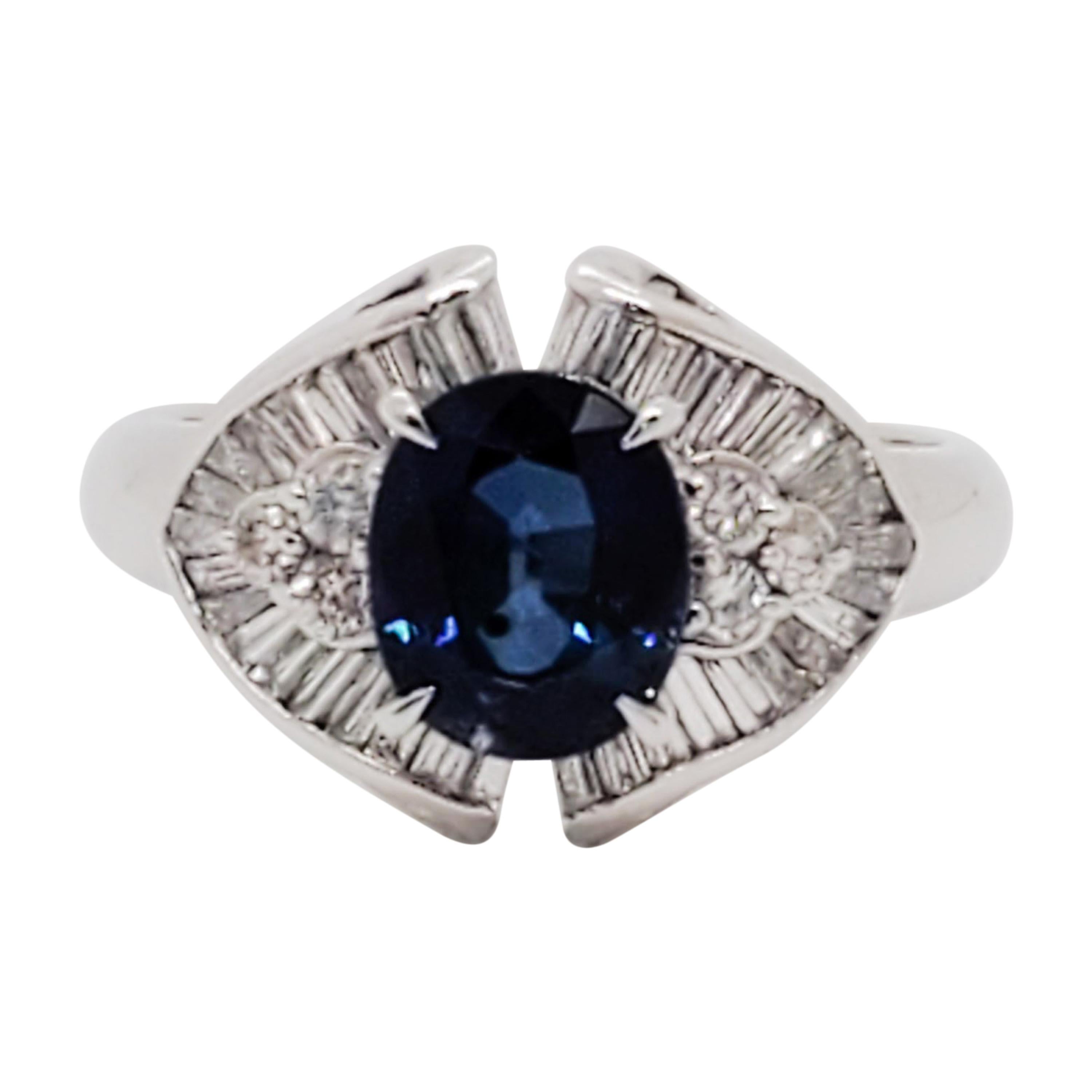 Blue Sapphire Oval Cocktail Ring with Round Rose-Cut Diamonds in ...