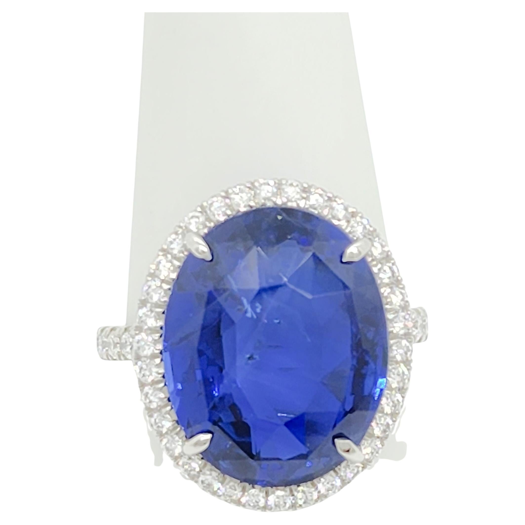 Purplish Blue Sapphire Oval and White Diamond Cocktail Ring in Platinum ...