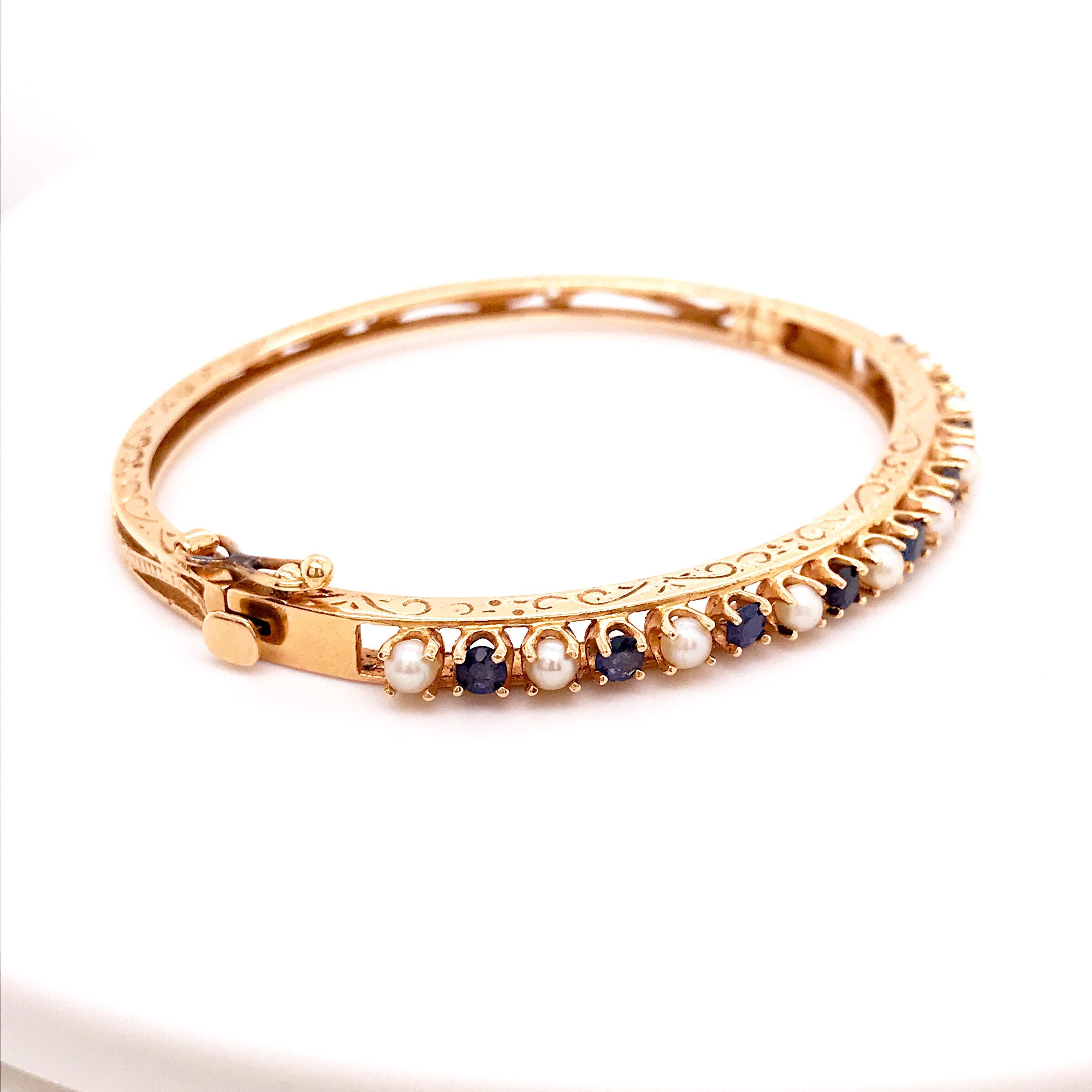 Blue Sapphire and Pearl Estate Clamp Bracelet 'Bangle/Cuff' in 14 Karat ...