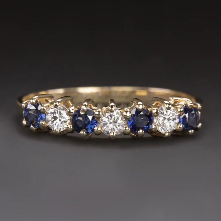 Blue Sapphire Round Diamond Yellow Gold Band Ring For Sale at 1stDibs