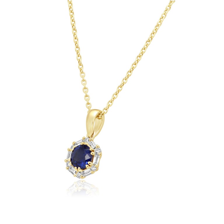 Blue Sapphire Round White Diamond Halo Yellow Gold Pendant Necklace at ...