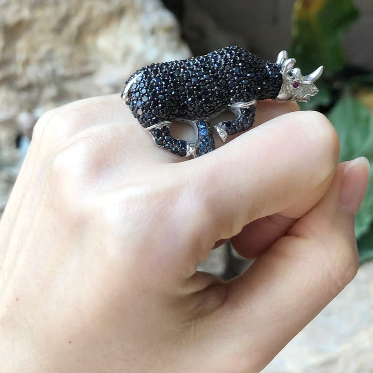 Blue Sapphire, Ruby and Black Sapphire Rhinoceros Ring set in Silver ...