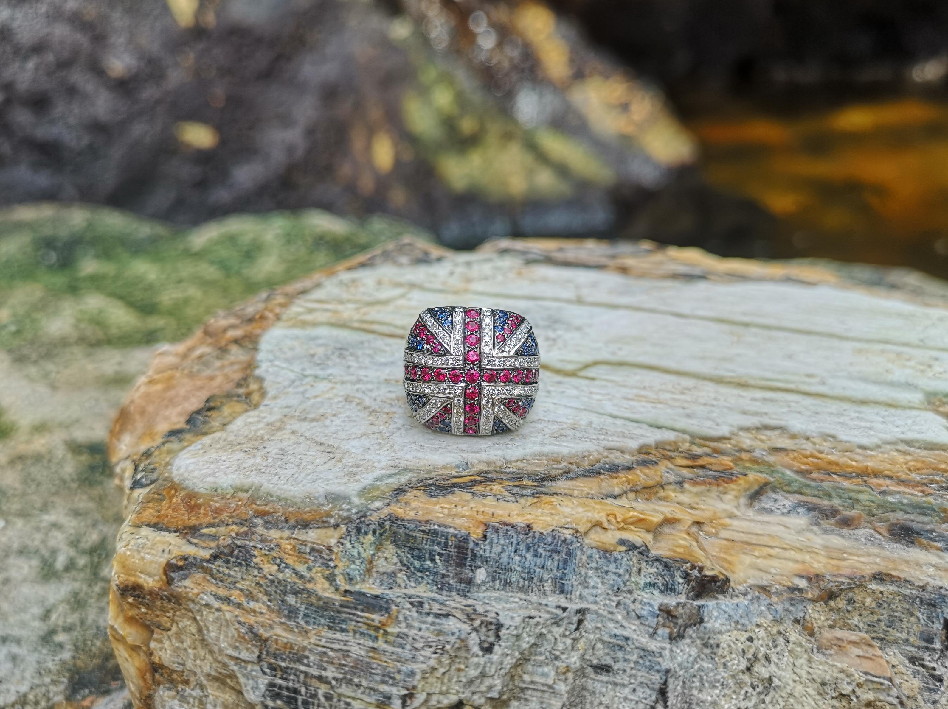 Blue Sapphire, Ruby and Diamond British Flag Ring in 18 Karat White ...