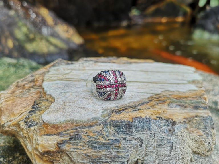 Blue Sapphire, Ruby and Diamond British Flag Ring in 18 Karat White ...
