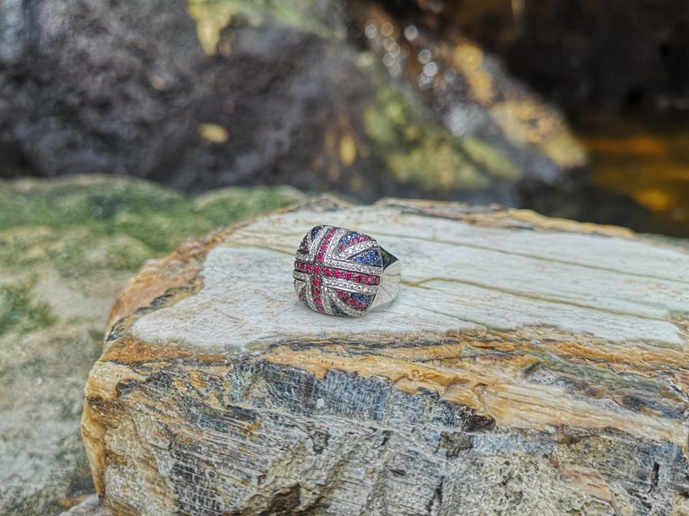Blue Sapphire, Ruby and Diamond British Flag Ring in 18 Karat White ...