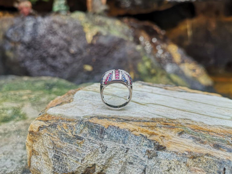 Blue Sapphire, Ruby and Diamond British Flag Ring in 18 Karat White ...