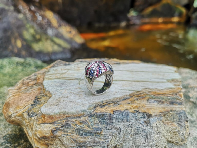 Blue Sapphire, Ruby and Diamond British Flag Ring in 18 Karat White ...