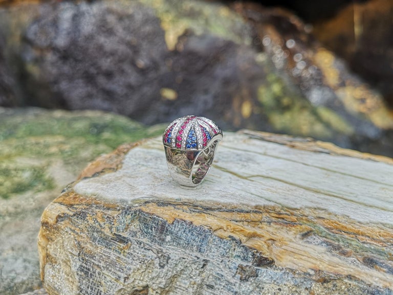Blue Sapphire, Ruby and Diamond British Flag Ring in 18 Karat White ...