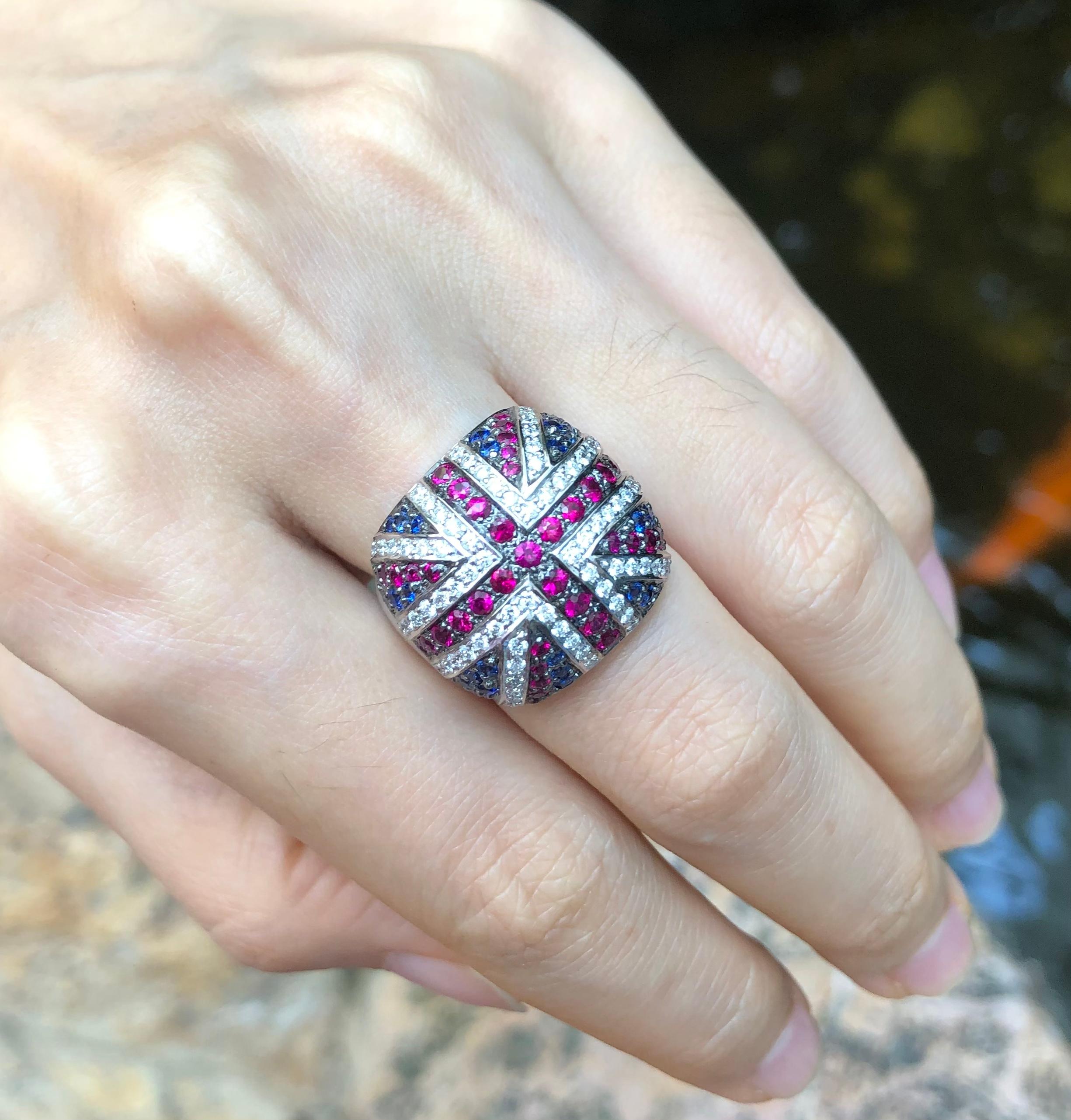 Blue Sapphire, Ruby and Diamond British Flag Ring in 18 Karat White ...