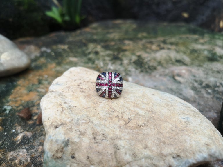 Blue Sapphire, Ruby and Diamond British Flag Ring in 18 Karat White ...