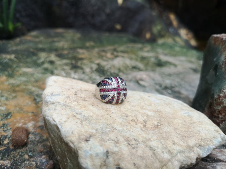 Blue Sapphire, Ruby and Diamond British Flag Ring in 18 Karat White ...