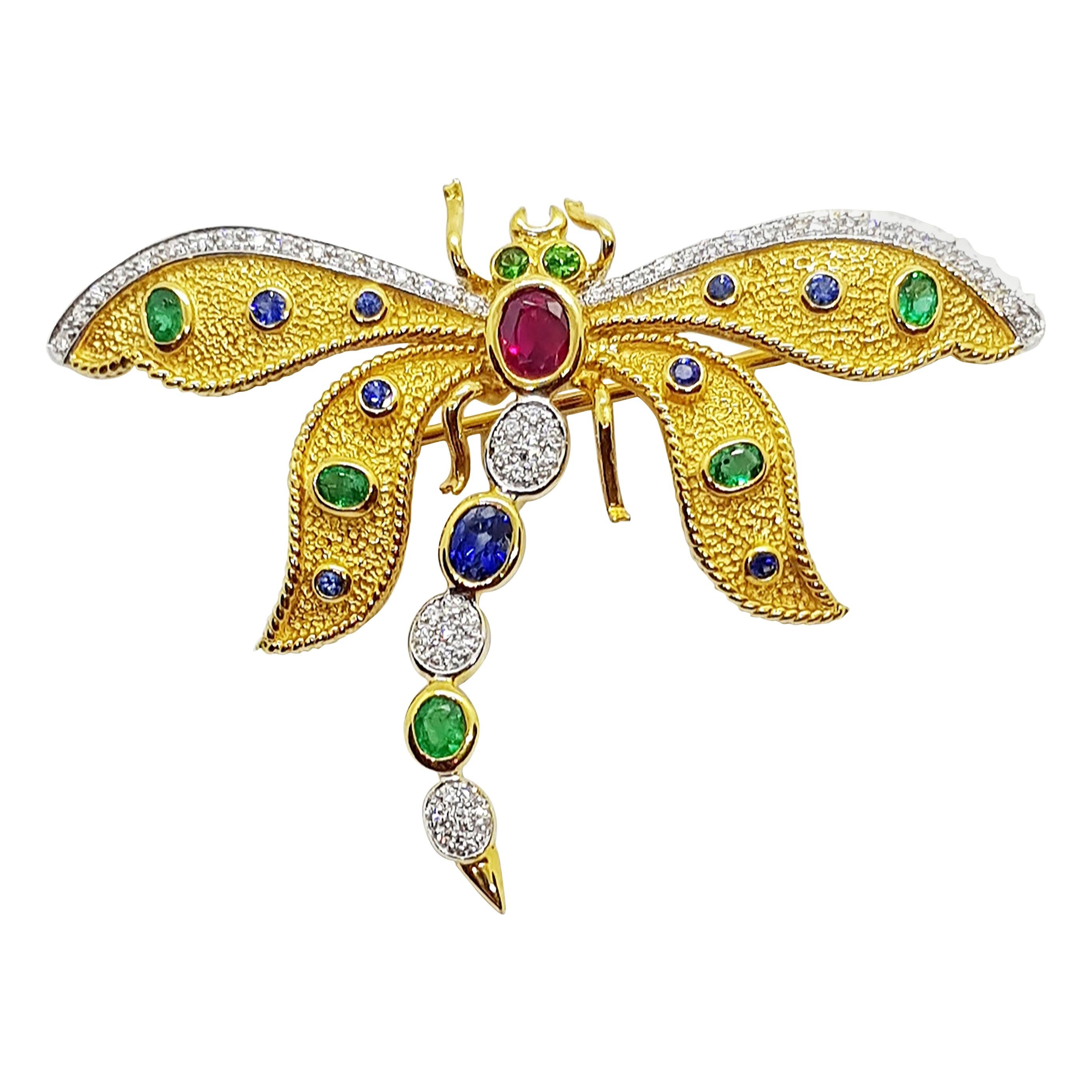 18 Karat Diamond Ruby Sapphire Dragonfly Brooch at 1stDibs
