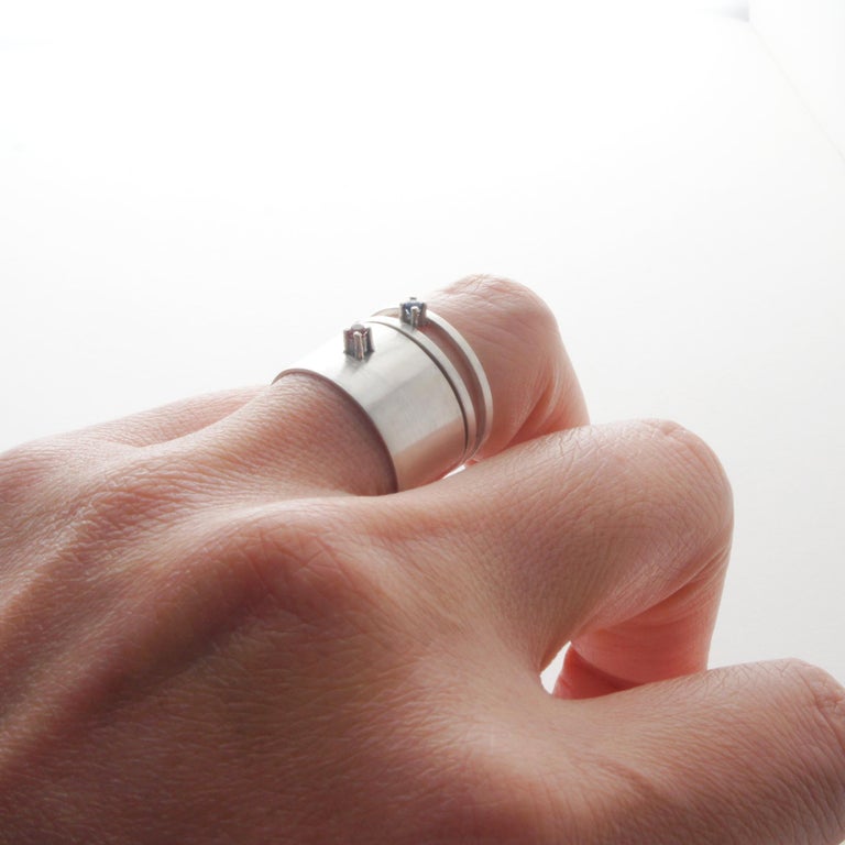 Blue Sapphire Sterling Silver Double Ring For Sale at 1stDibs
