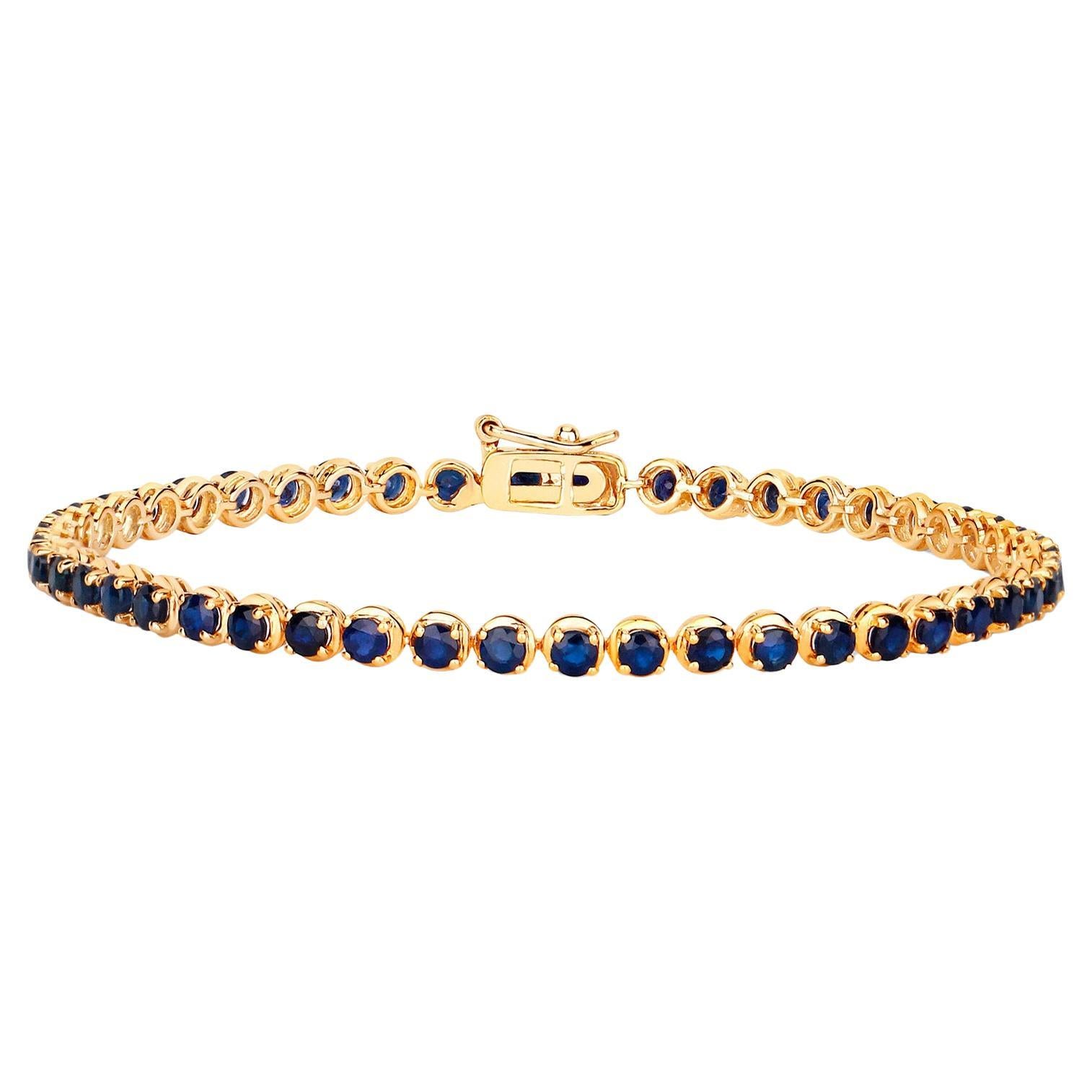 Blue Sapphire Tennis Bracelet With Diamonds 4.43 Carats 14K Yellow Gold For Sale at 1stDibs