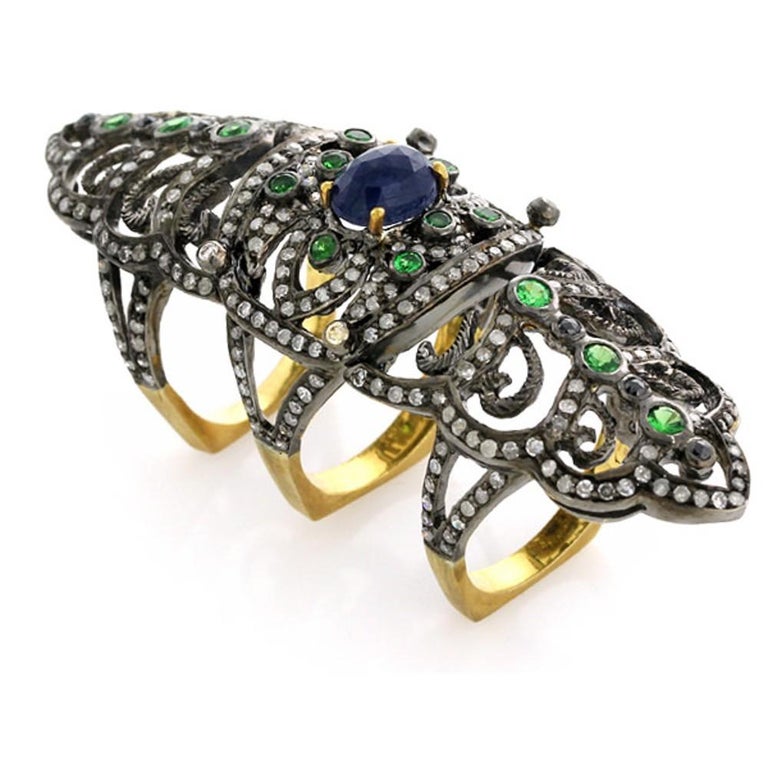 Blue Sapphire and Tsavorite Crown Shaped Resembling Long Ring With Pave ...