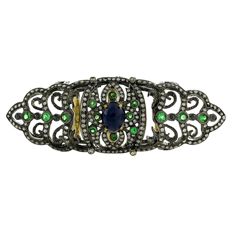 Blue Sapphire and Tsavorite Crown Shaped Resembling Long Ring With Pave ...