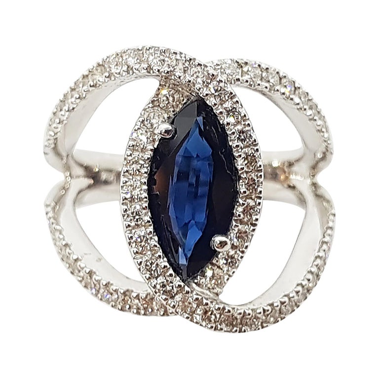 Blue Sapphire with Diamond Ring Set in 18 Karat White Gold Settings For ...