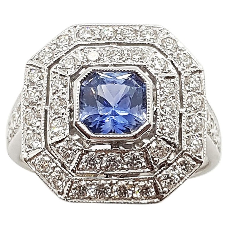 Blue Sapphire with Diamond Ring Set in 18 Karat White Gold Settings For ...