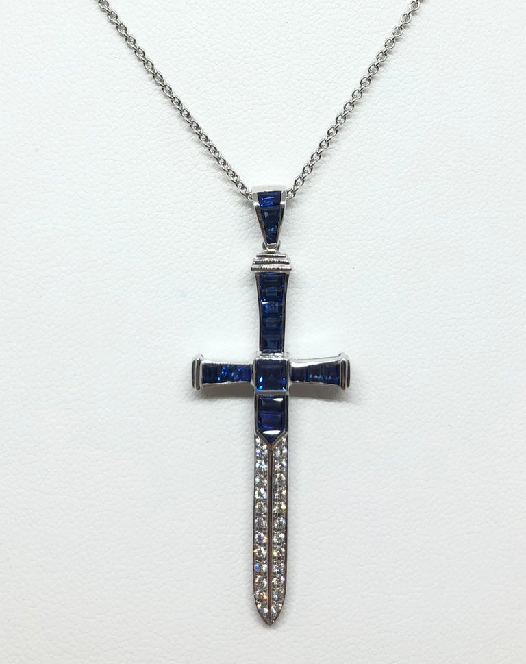 Blue Sapphire with Diamond Sword Pendant Set in 18 Karat White Gold ...