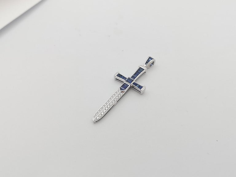 Blue Sapphire with Diamond Sword Pendant Set in 18 Karat White Gold ...