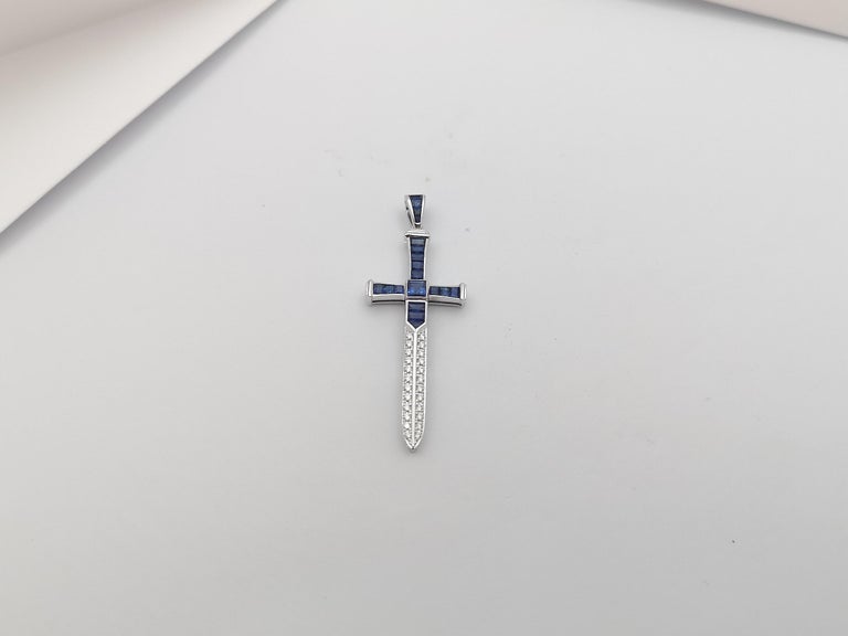 Blue Sapphire with Diamond Sword Pendant Set in 18 Karat White Gold ...