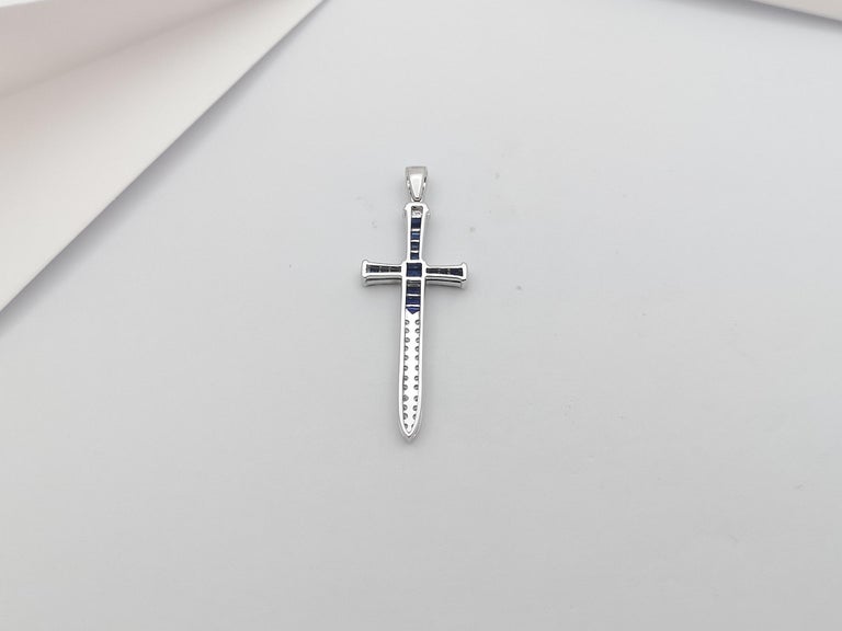 Blue Sapphire with Diamond Sword Pendant Set in 18 Karat White Gold ...