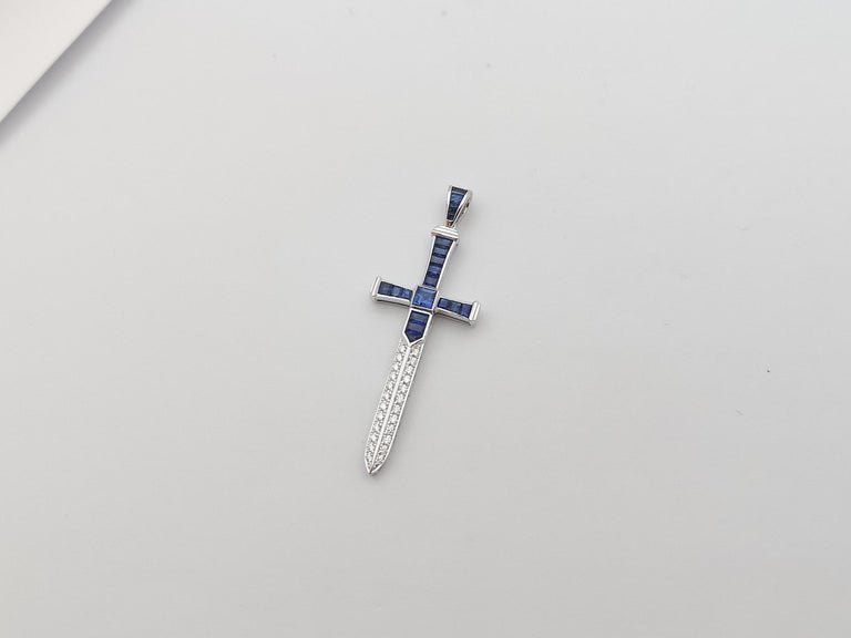Blue Sapphire with Diamond Sword Pendant Set in 18 Karat White Gold ...