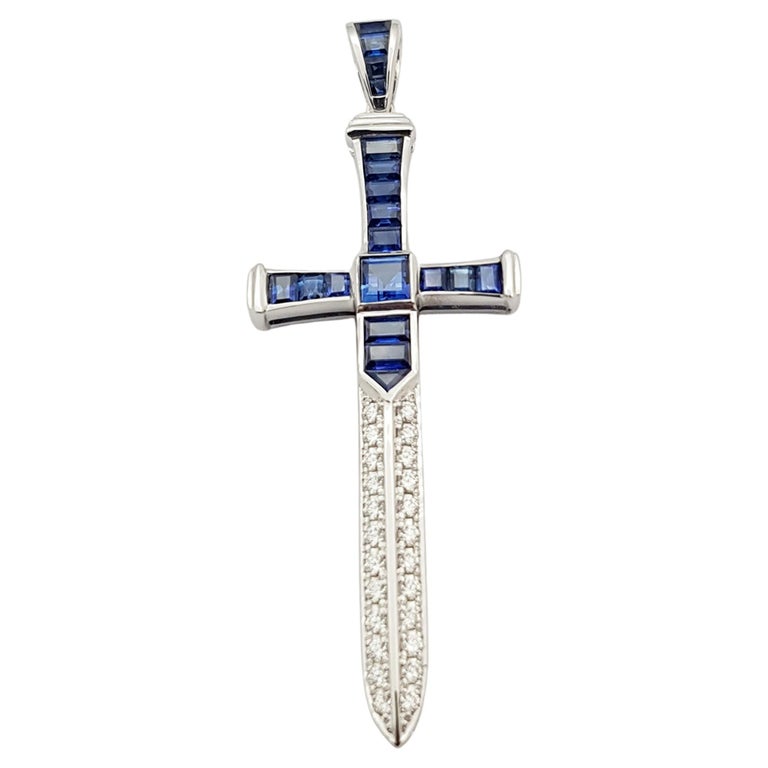 Blue Sapphire with Diamond Sword Pendant Set in 18 Karat White Gold ...