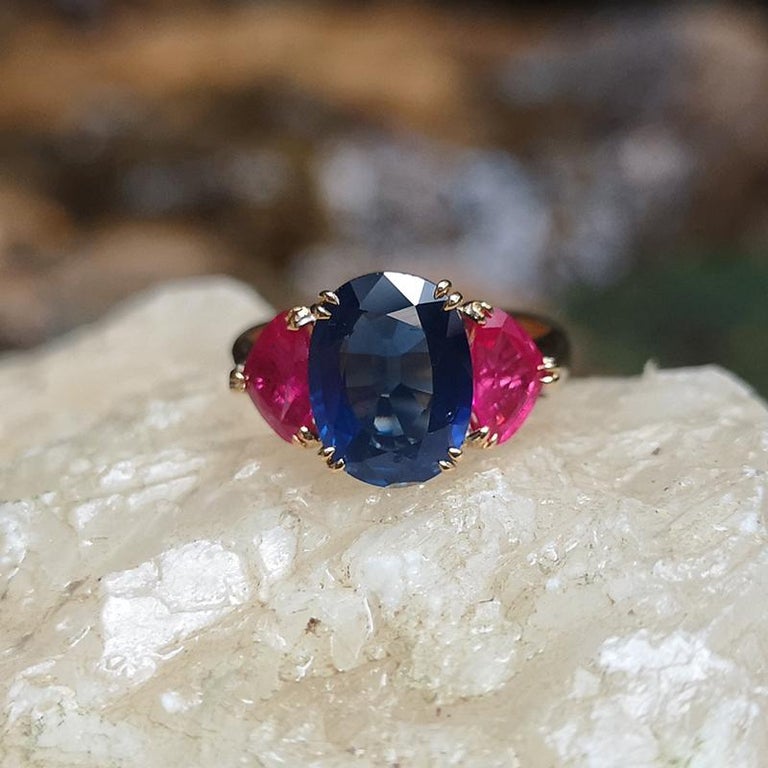 Blue Sapphire with Ruby Ring Set in 18 Karat Gold Settings For Sale at ...