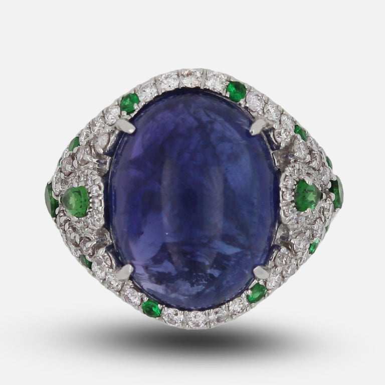 Oval Cabochon Tanzanite Tsavorite Diamond Pave Signet Cocktail White ...