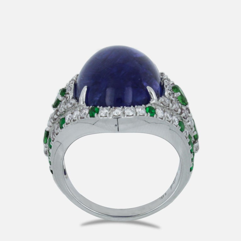 Oval Cabochon Tanzanite Tsavorite Diamond Pave Signet Cocktail White ...