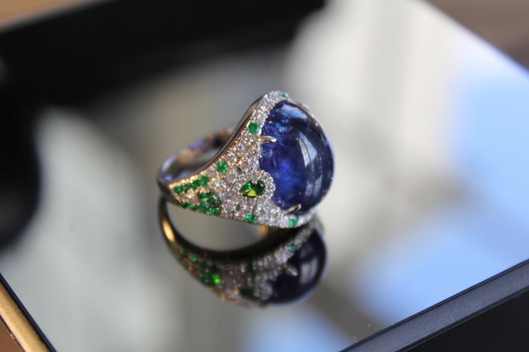 Oval Cabochon Tanzanite Tsavorite Diamond Pave Signet Cocktail White ...