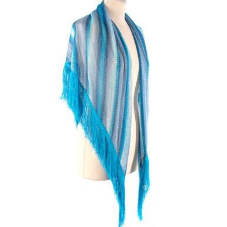 Blue and Silver Striped Knitted Fringed Pareo Shawl For Sale at 1stDibs