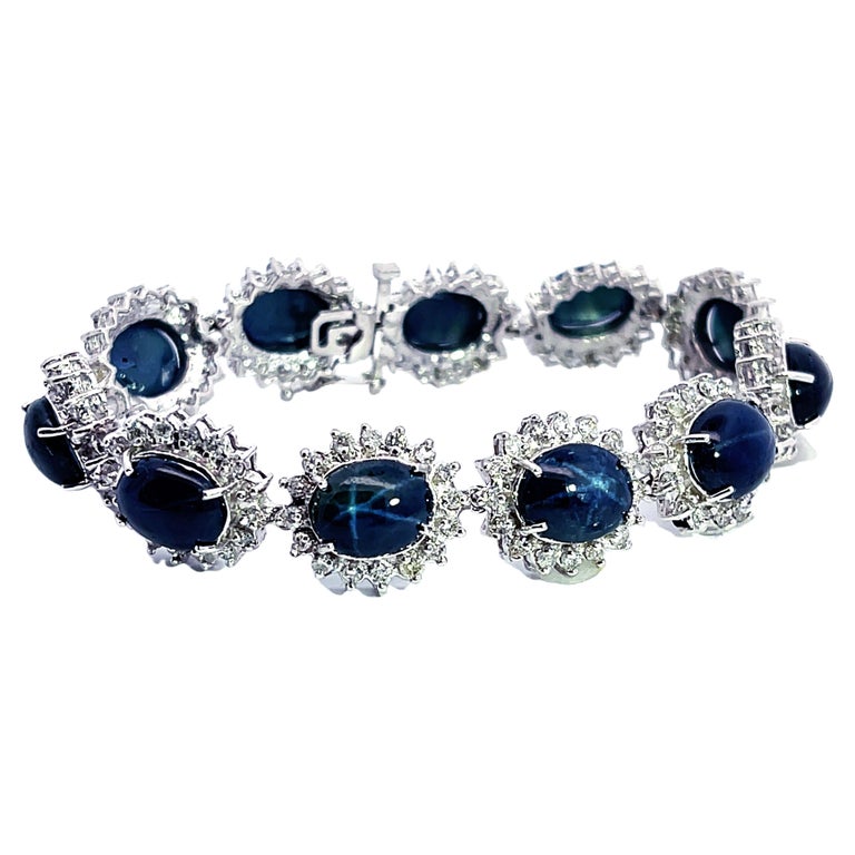 Blue Star Sapphire Diamond Statement Bracelet in 14k White Gold For ...
