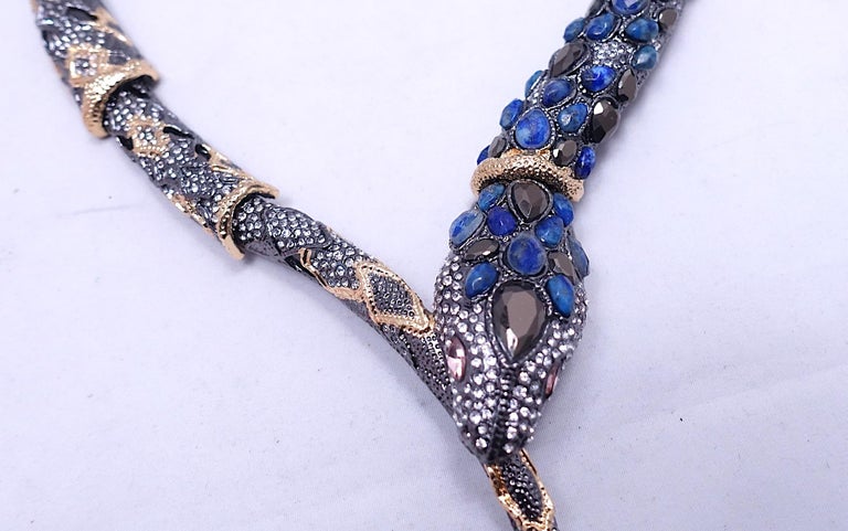 Blue Stone and Clear Crystal Snake Necklace For Sale at 1stDibs