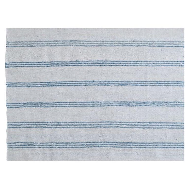 Blue Stripe Linen Handwoven Flatweave Rug For Sale at 1stDibs