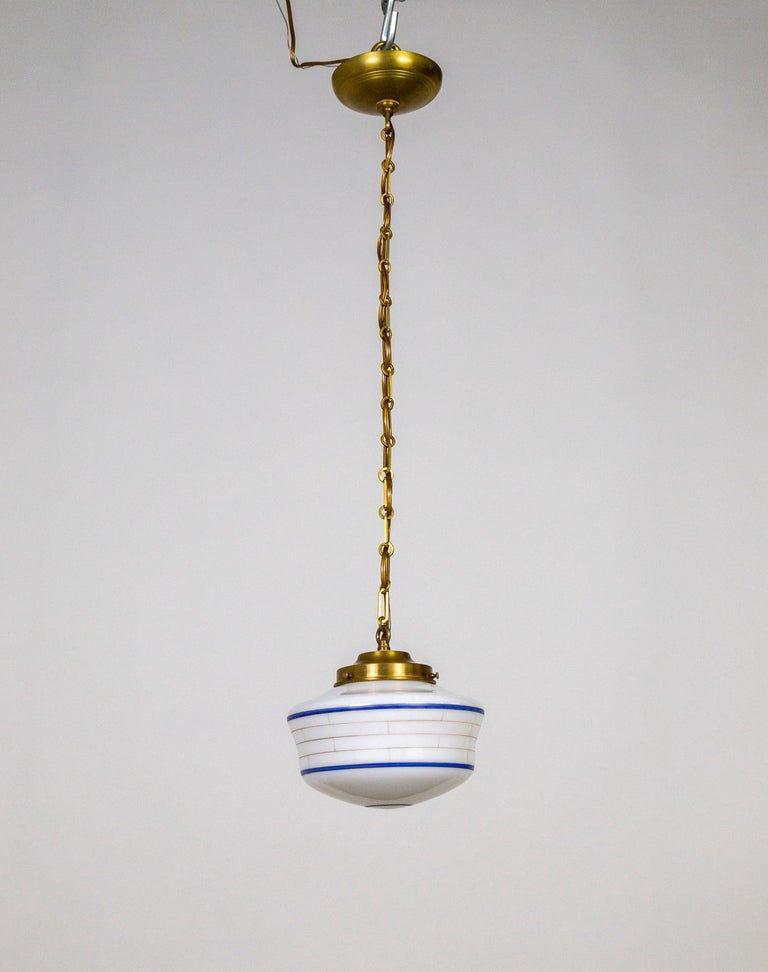 Blue Striped Milk Glass Schoolhouse Pendant Lights 'Pair' For Sale at ...