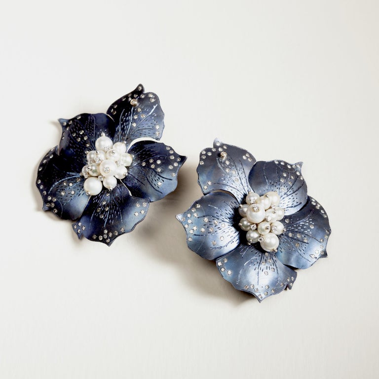 Blue Titanium Flower Earrings with Diamonds and Pearls For Sale at 1stDibs