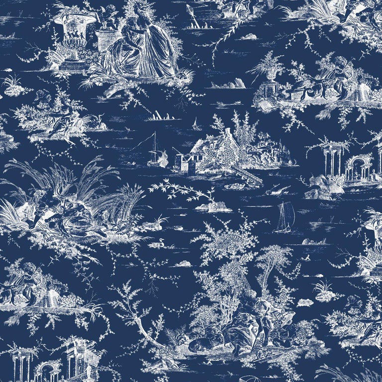 Blue Toile-de-Jouy Pouf For Sale at 1stDibs