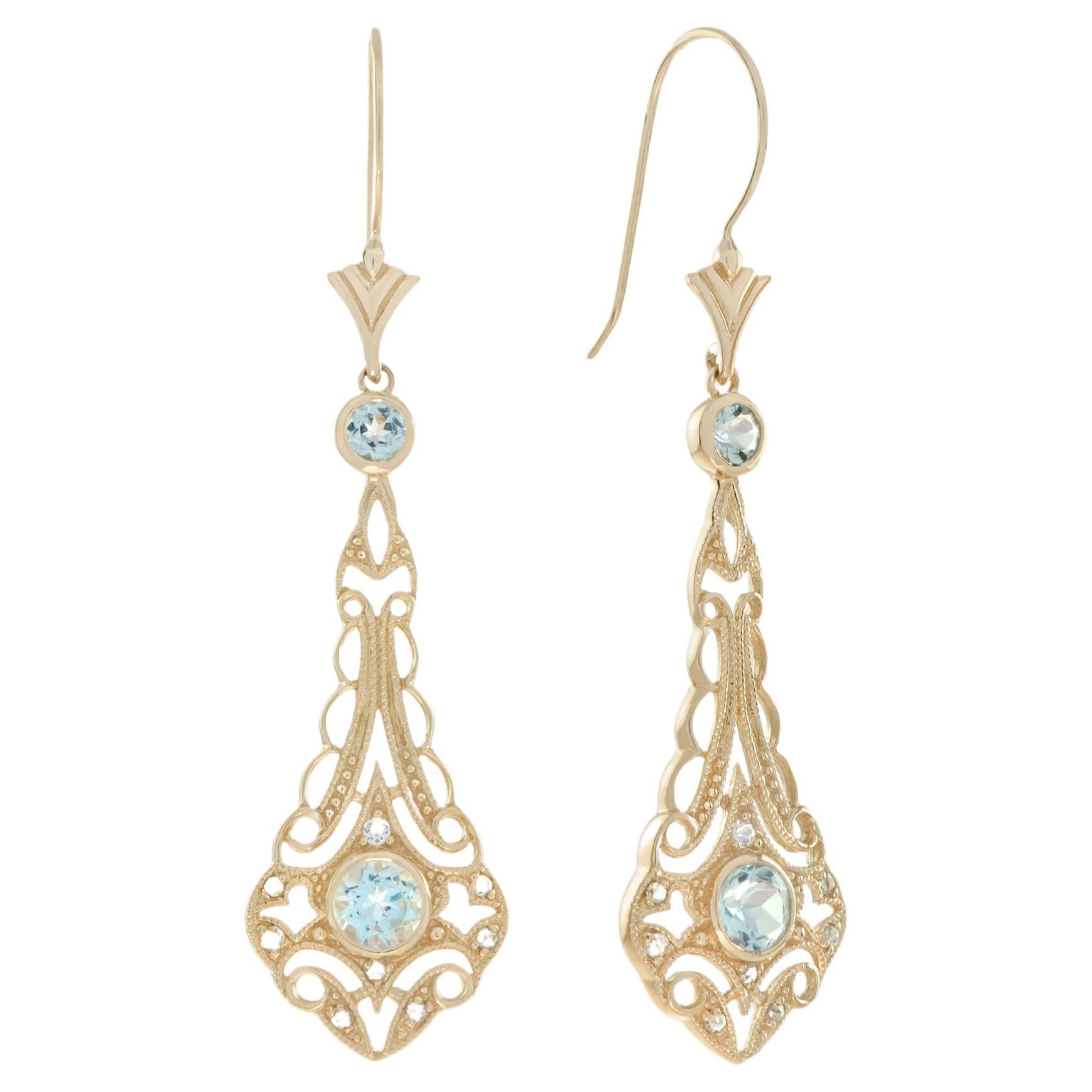 Diamond Heart and Bow Vintage Style Dangle Earrings in 14K Yellow Gold ...