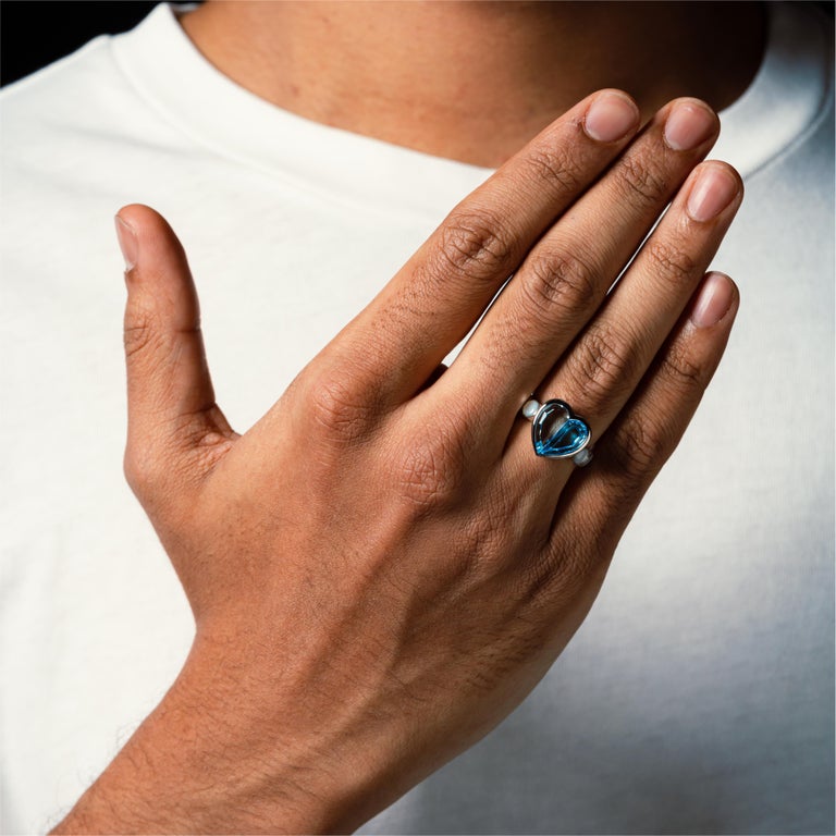 Customizable Blue Topaz and Mother of Pearl Love Ring V3 in 18 Karat ...