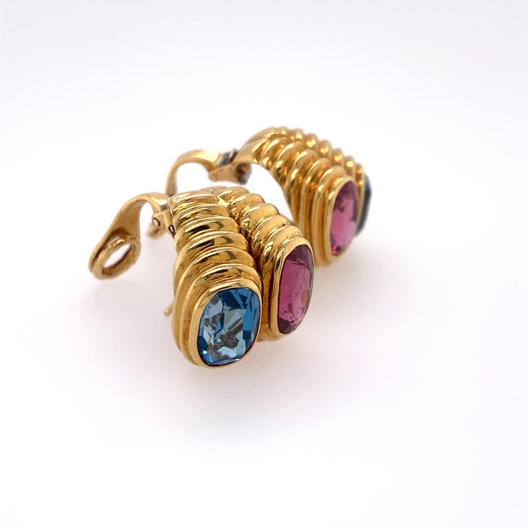 Blue Topaz and Pink Tourmaline Clip Earrings For Sale at 1stDibs