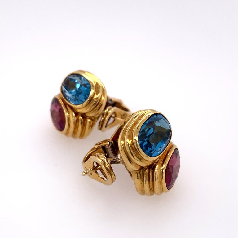 Blue Topaz and Pink Tourmaline Clip Earrings For Sale at 1stDibs