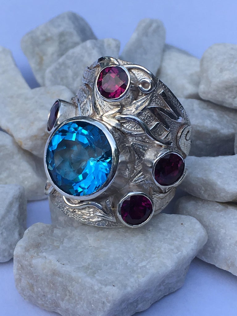 Blue Topaz and Rhodolite Garnet Ring at 1stDibs | topaz and garnet ring ...