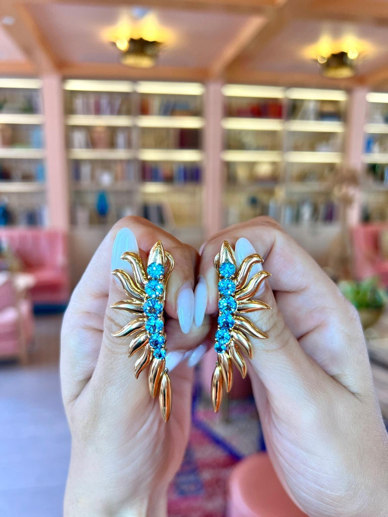 Blue Topaz and Yellow Gold Flame Earrings For Sale at 1stDibs