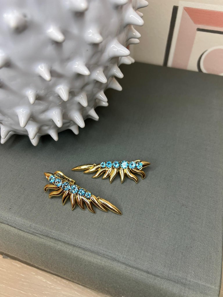 Blue Topaz and Yellow Gold Flame Earrings For Sale at 1stDibs