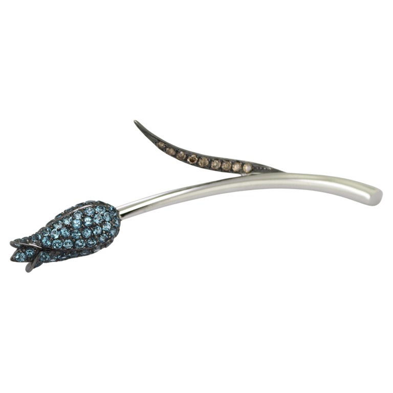 Blue Topaz, Diamond, Blackened 18k White Gold Flower Brooch For Sale at ...
